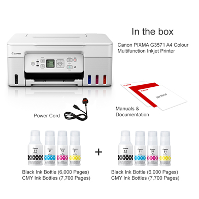 Canon PIXMA G3571 + Ink Bottle Value Pack CMY (7,700 Pages) K (6,000 ...