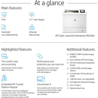 HP Color LaserJet Enterprise M554dn A4 Colour Laser Printer - 7ZU81A