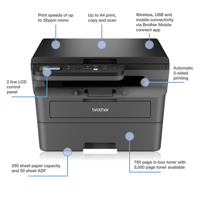 Brother DCP-L2620DW A4 Mono Multifunction Laser Printer - DCPL2620DWZU1