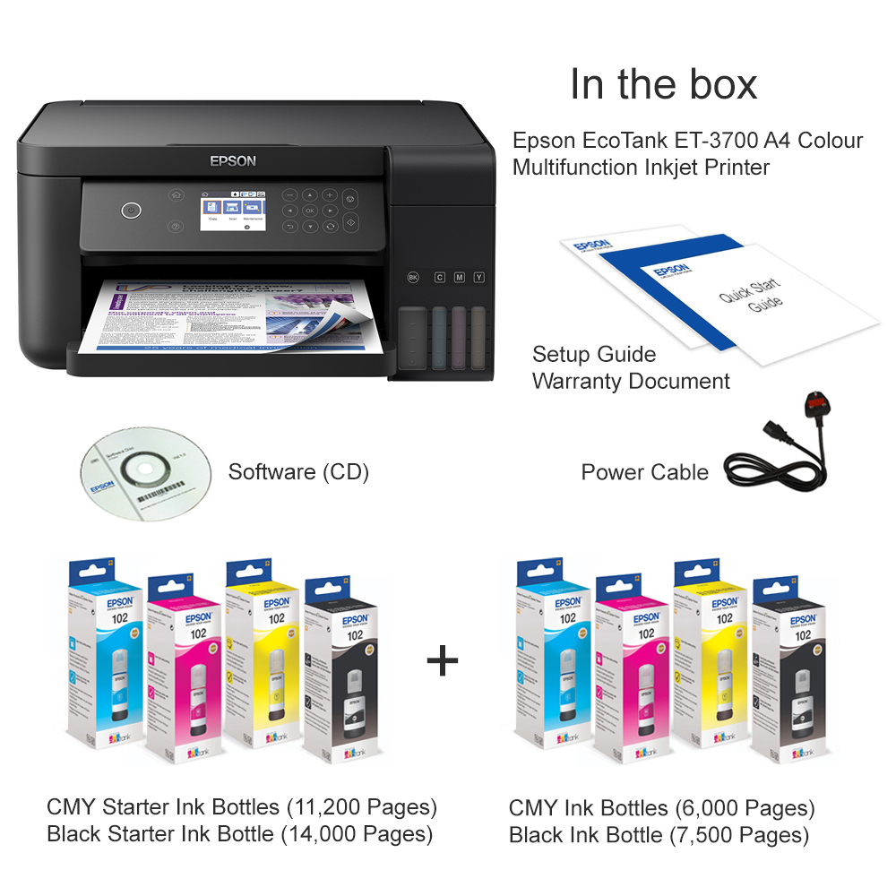 Epson EcoTank ET-3700 + Ink Bottle Value Pack CMY (6,000 Pages) K ...