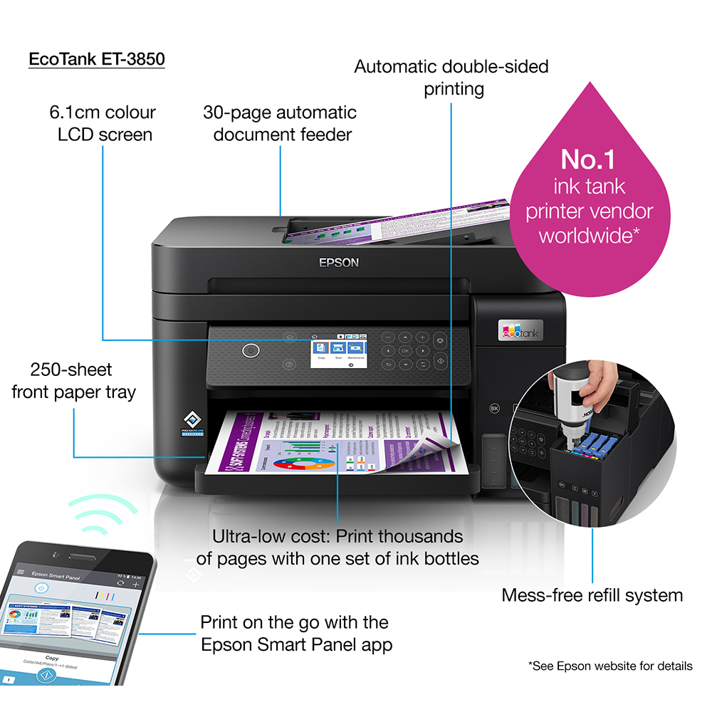 Epson EcoTank ET-3850 A4 Colour Multifunction Inkjet Printer - C11CJ61401