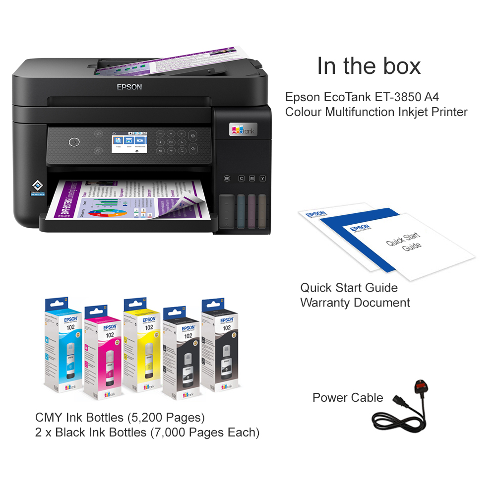 Epson EcoTank ET-3850 A4 Colour Multifunction Inkjet Printer - C11CJ61401