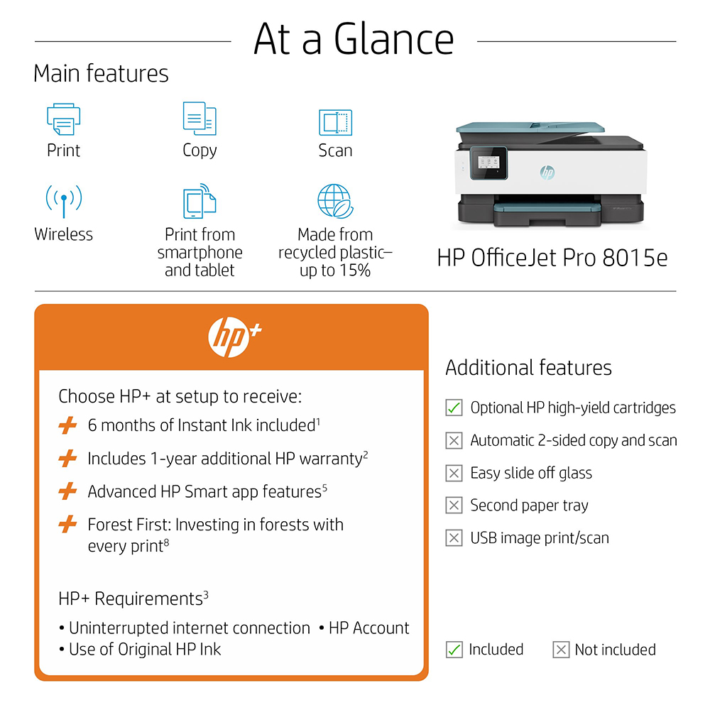 HP OfficeJet 8015e A4 Colour Multifunction Inkjet Printer with HP Plus ...